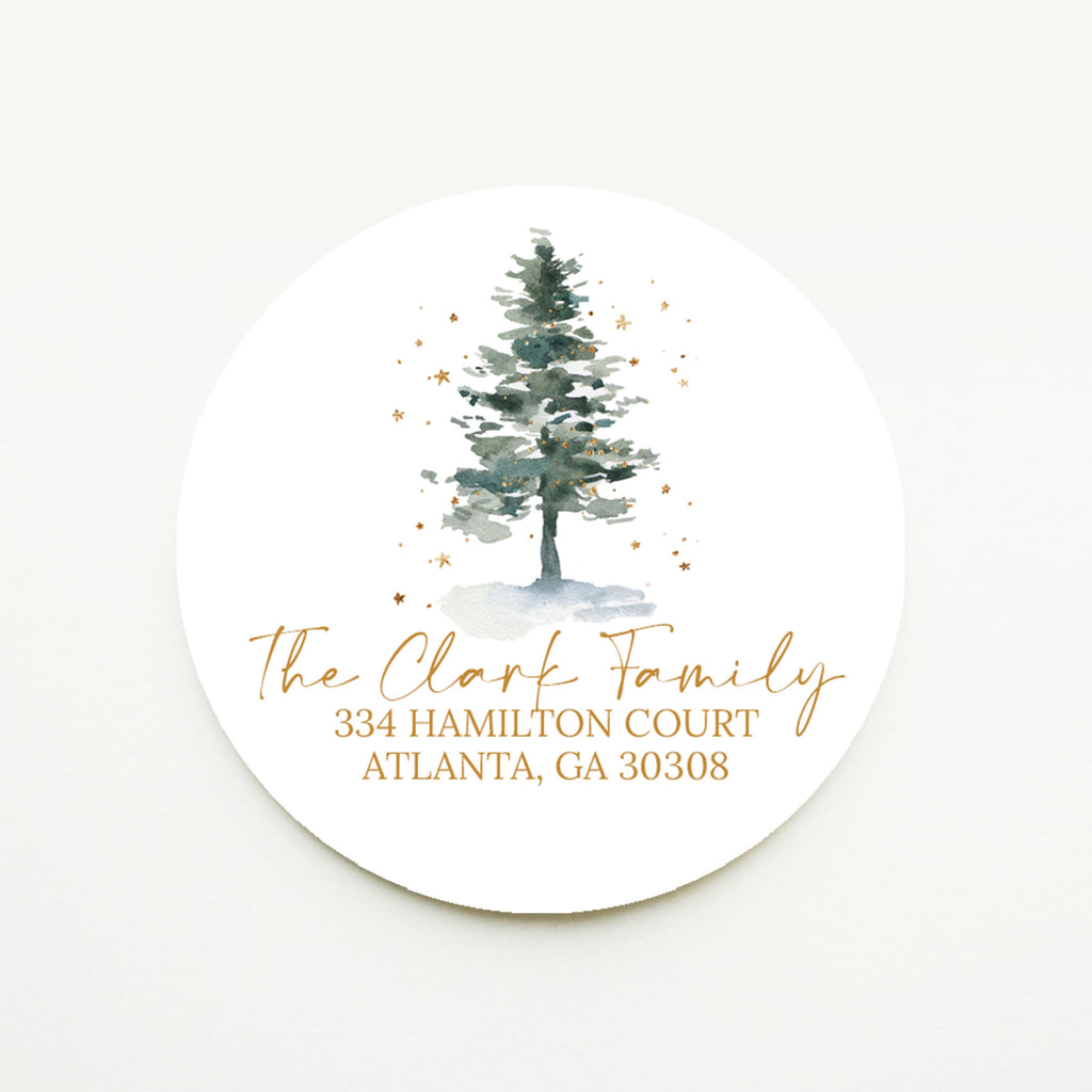 Gold Watercolor Christmas Tree Return Address Sticker – Sugar and Spice ...